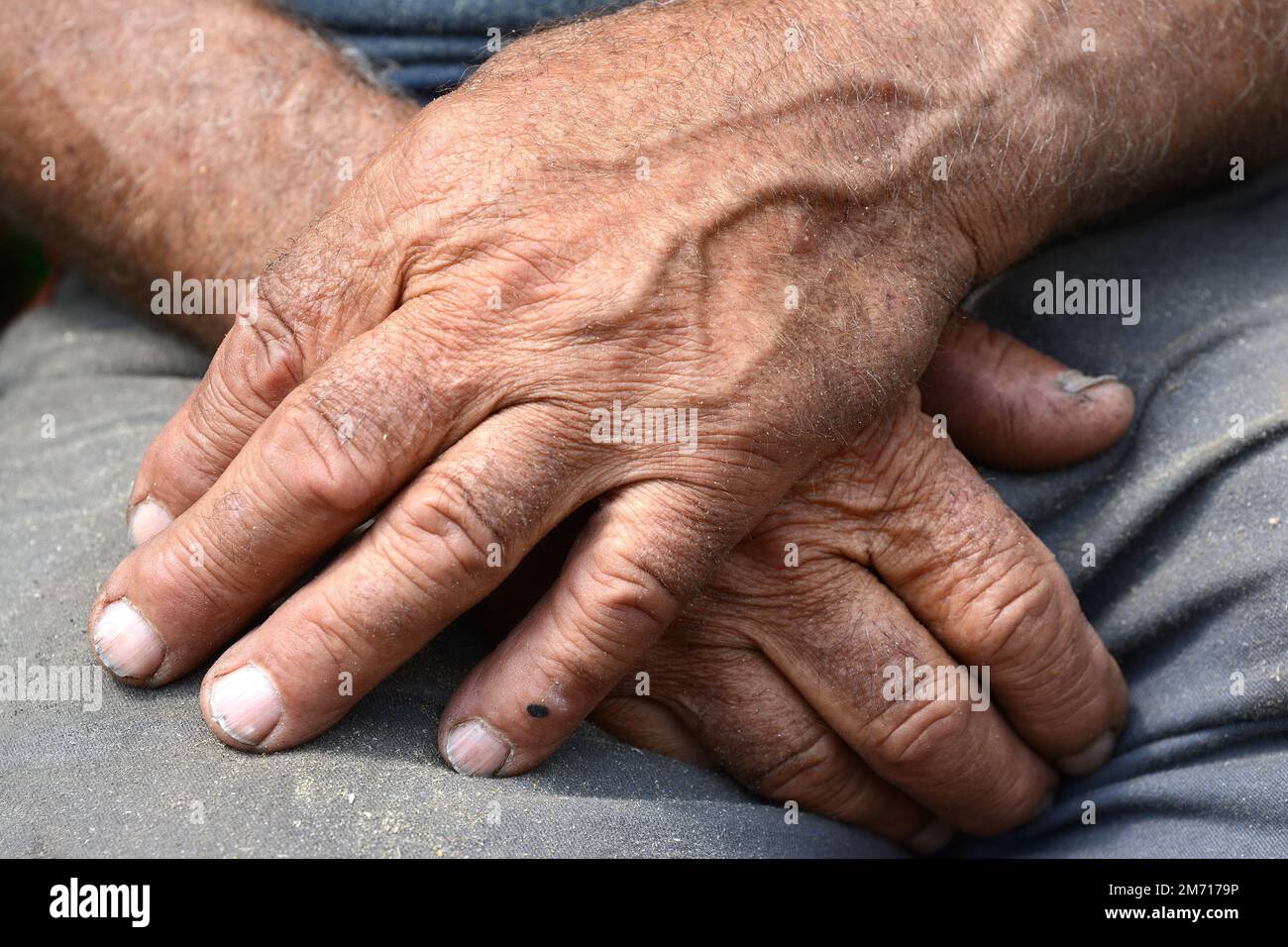 Tough, poor, patient, hands of old man work hard, labor worker farmer ...