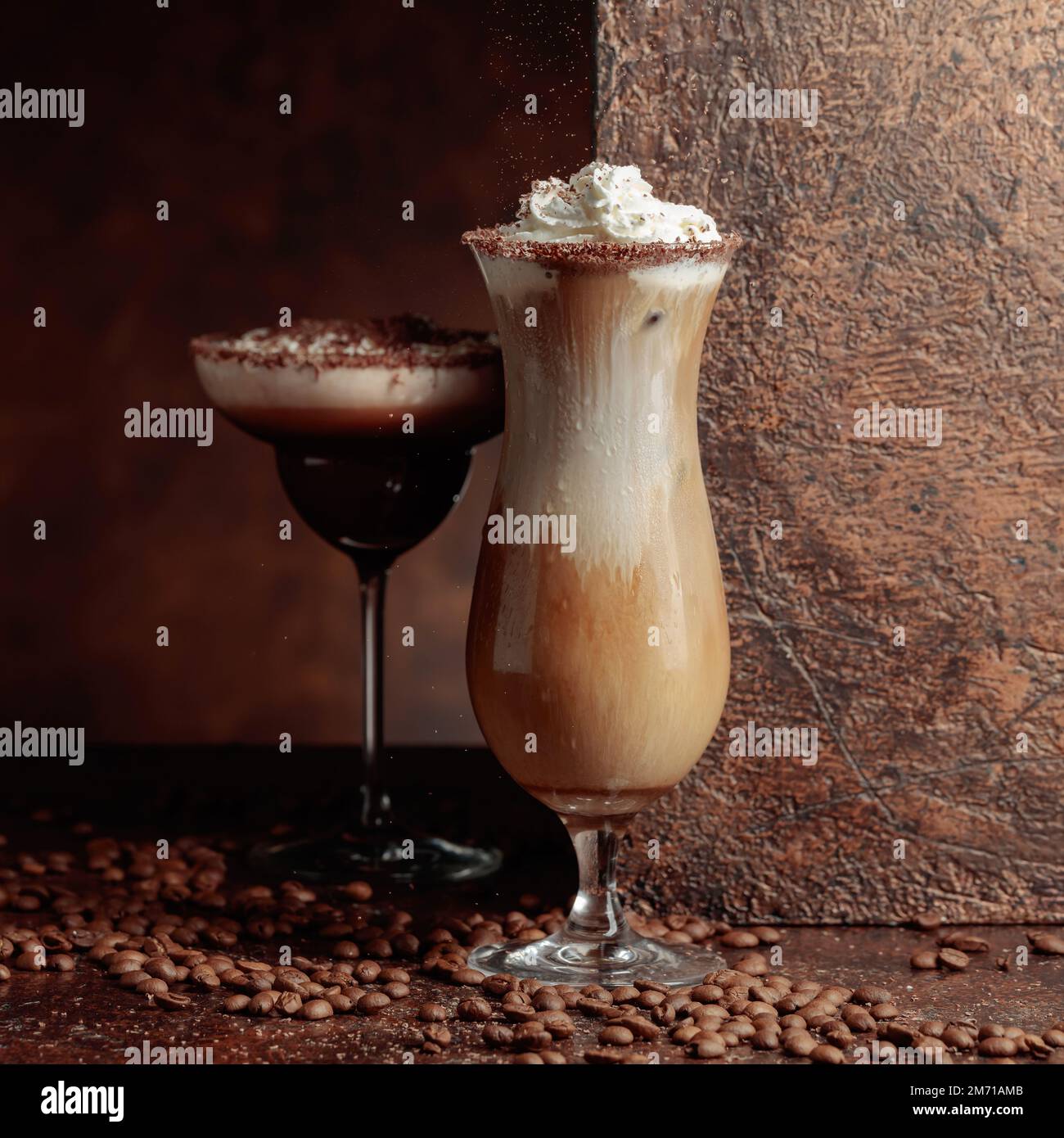 Coffee and chocolate drinks with whipped cream sprinkled with chocolate ...