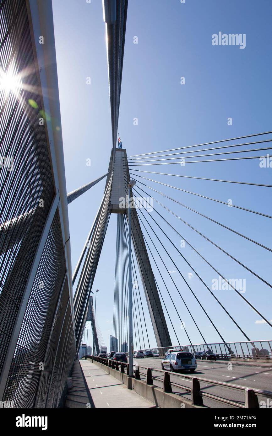 The view in front of sunlight of the Anzac Bridge, an eight-lane cable ...