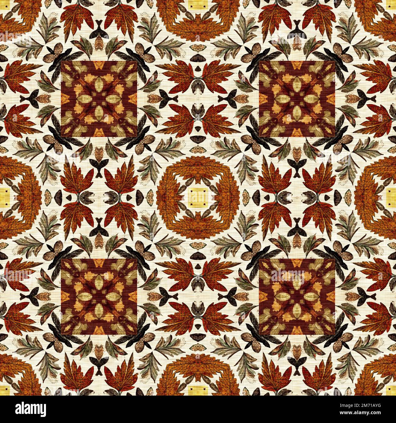Autumn leaf quilt style vintage seamless pattern. Homely cottage core ...