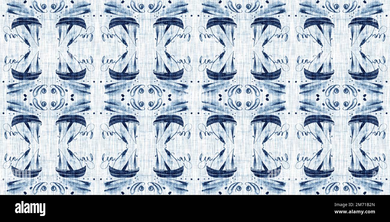 Indigo dye wash coastal damask seamless border pattern. Washed out ...