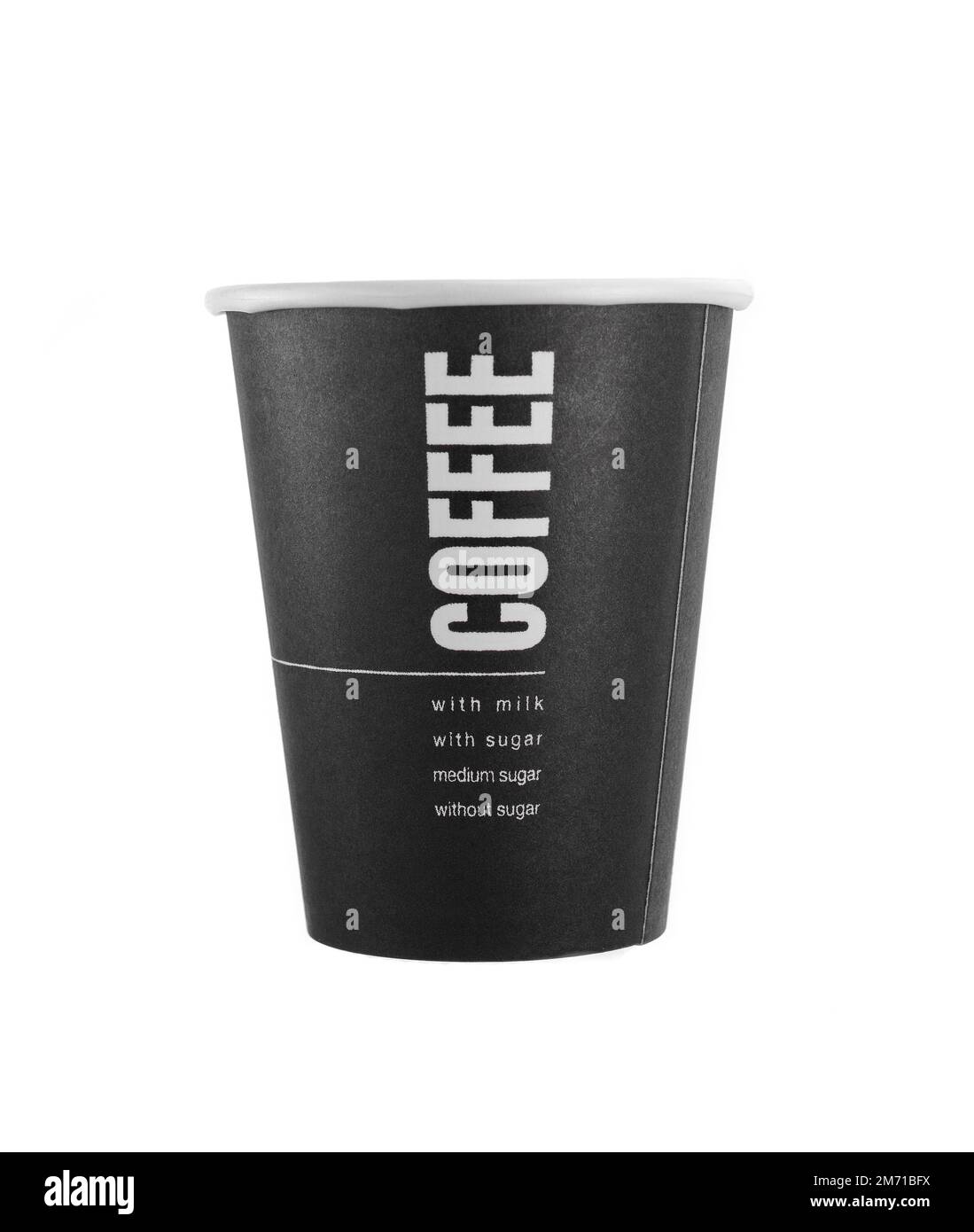 Front view of black disposable paper coffee cup with lid isolated on ...