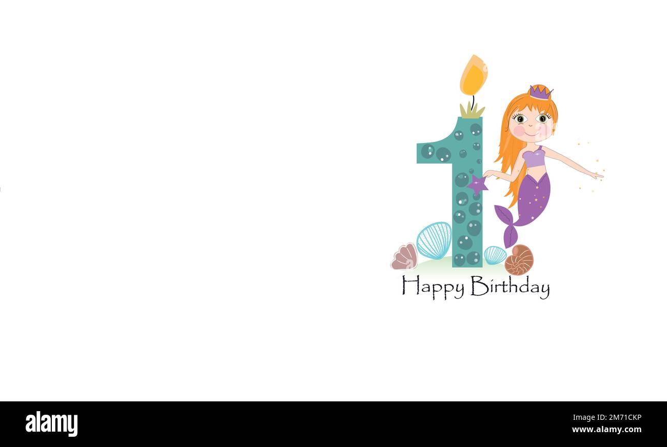 Cute little mermaid first birthday card one candle and marine life ...