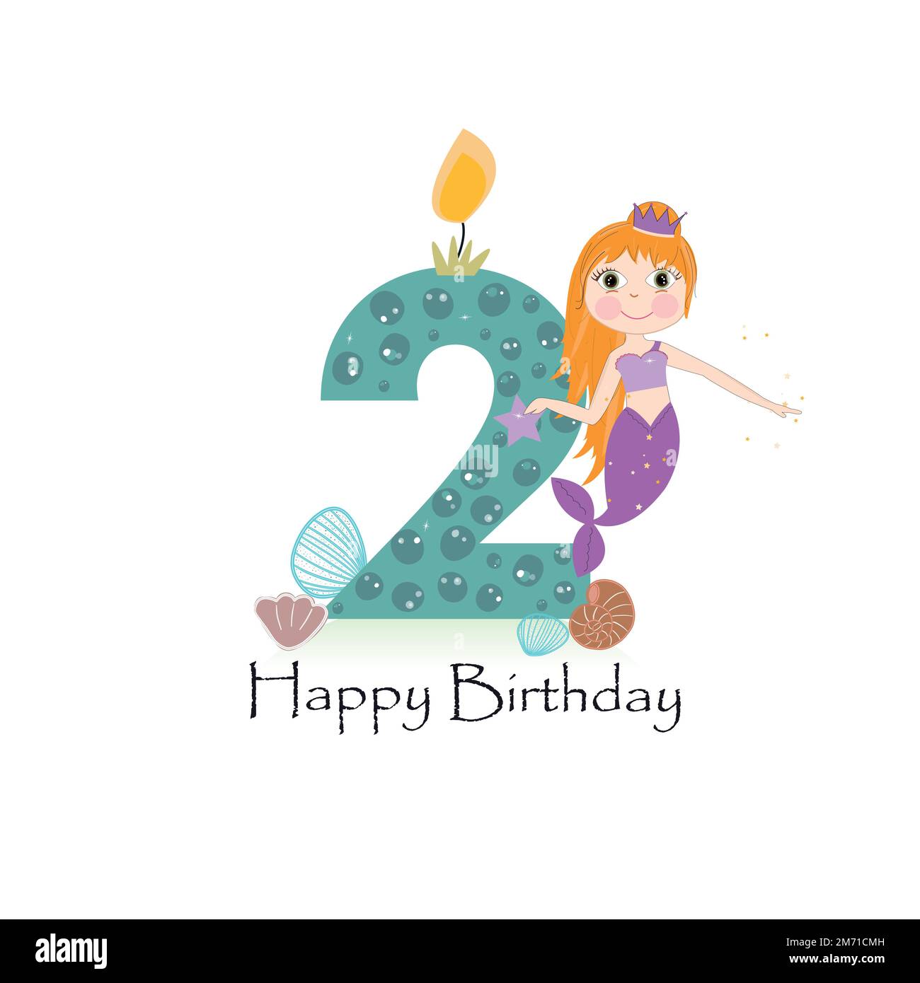 Cute little mermaid second birthday card two candle and marine life ...