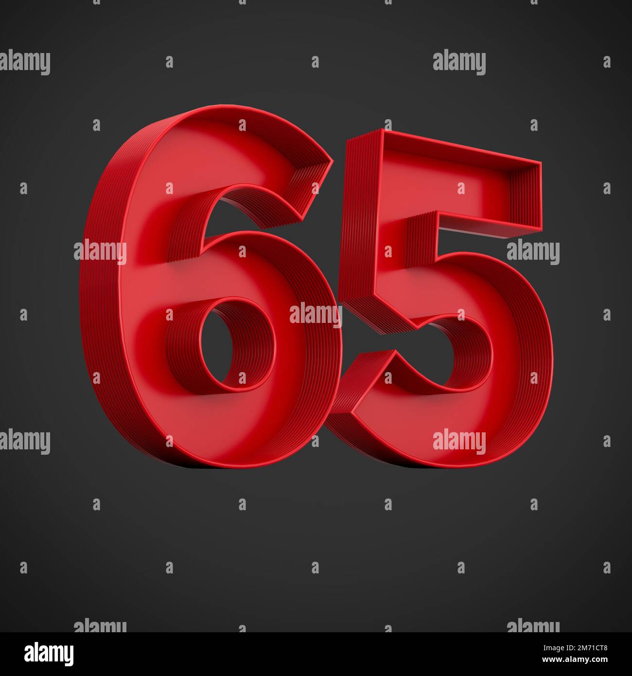 A 3D render of red block digits of the number 65 on a black background ...