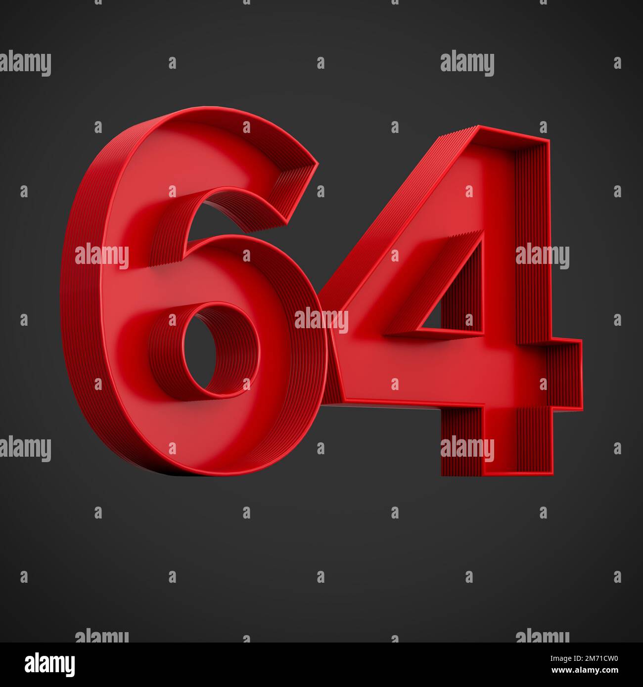 A 3D render of red block digits of the number 64 on a black background ...