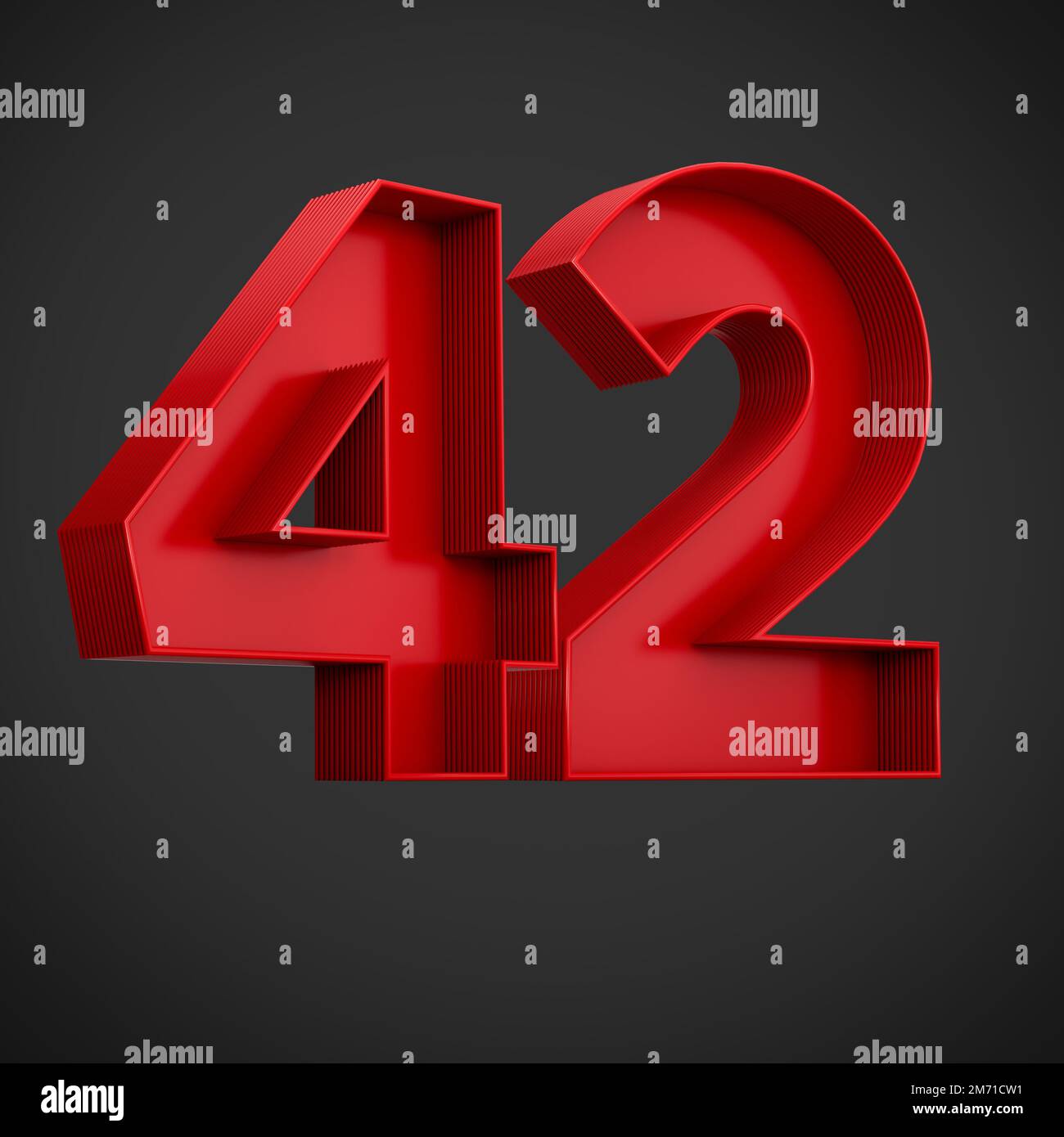 A 3D render of red block digits of the number 42 on a black background ...