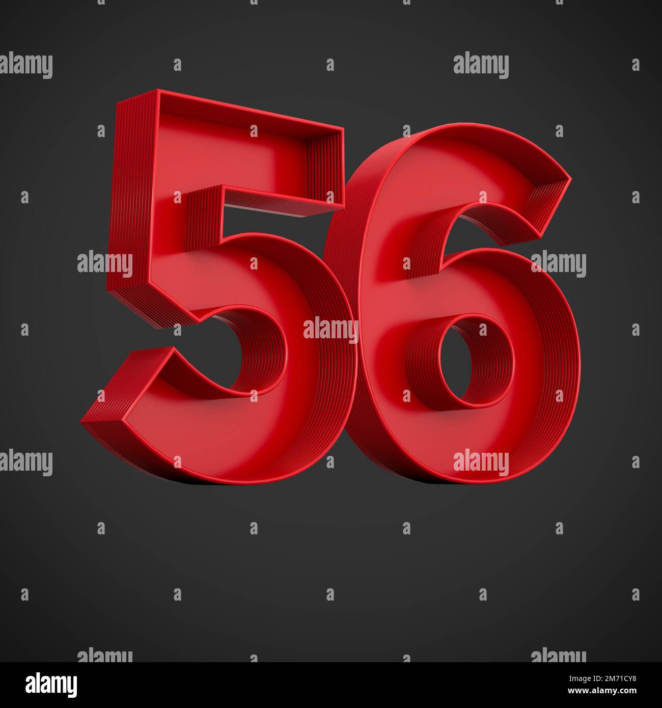 A 3D render of red block digits of the number 56 on a black background ...