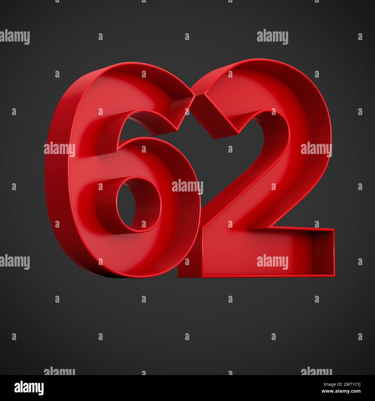 A 3D render of red block digits of the number 62 on a black background ...