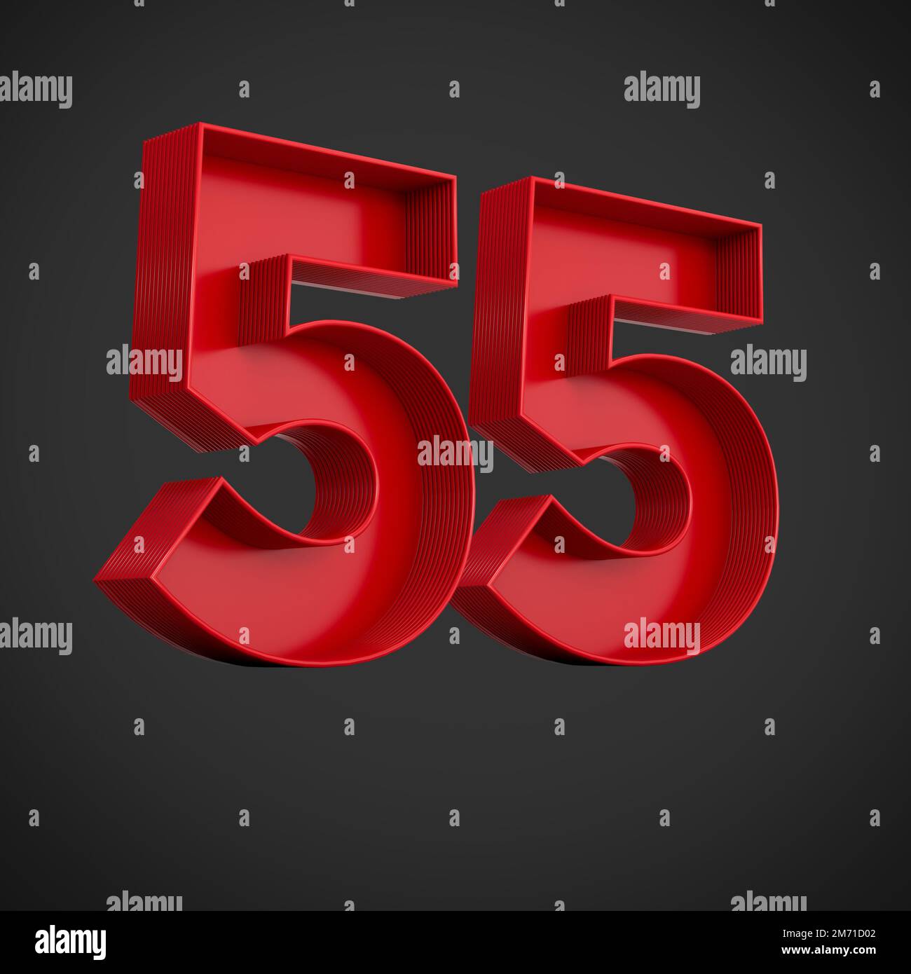 A 3D render of red block digits of the number 55 on a black background ...