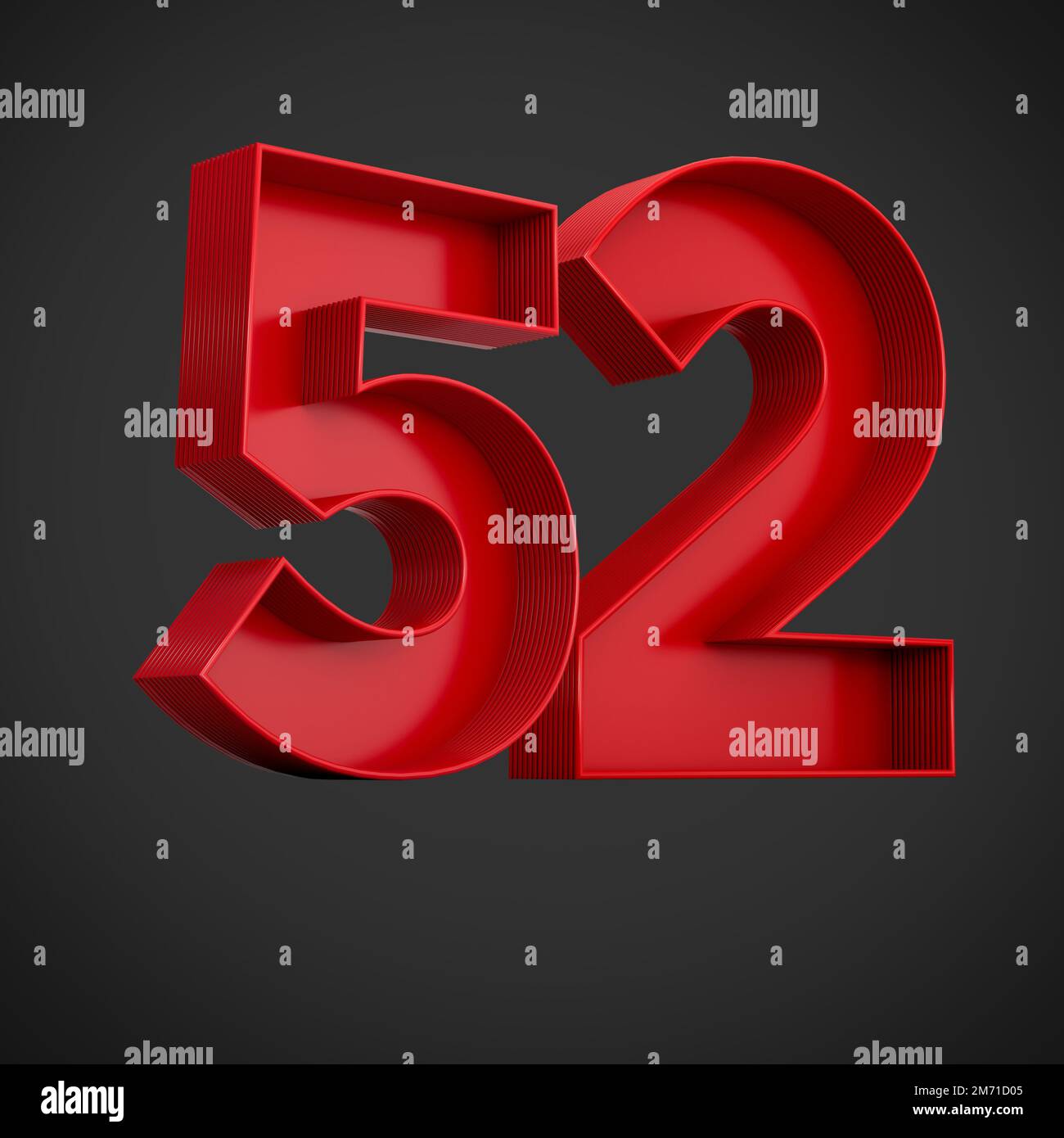 A 3D render of red block digits of the number 52 on a black background ...
