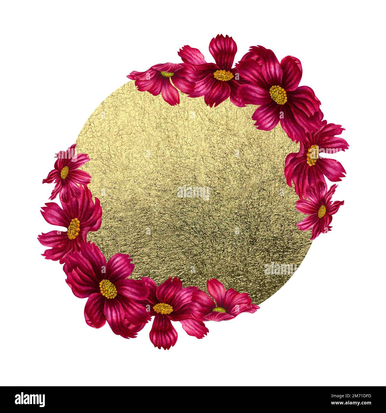 Watercolor hand drawn cosmea flower gold frame in trendy color viva ...