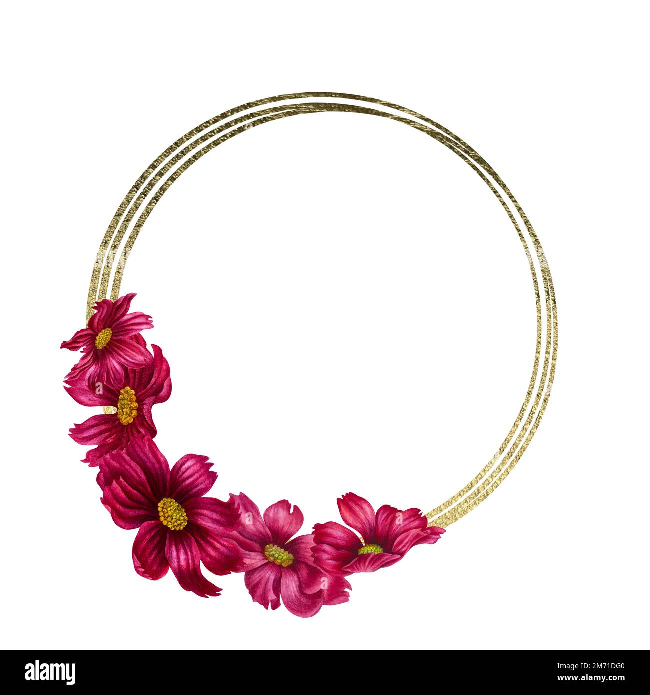 Watercolor hand drawn cosmea flower and gold frame in trendy color viva ...