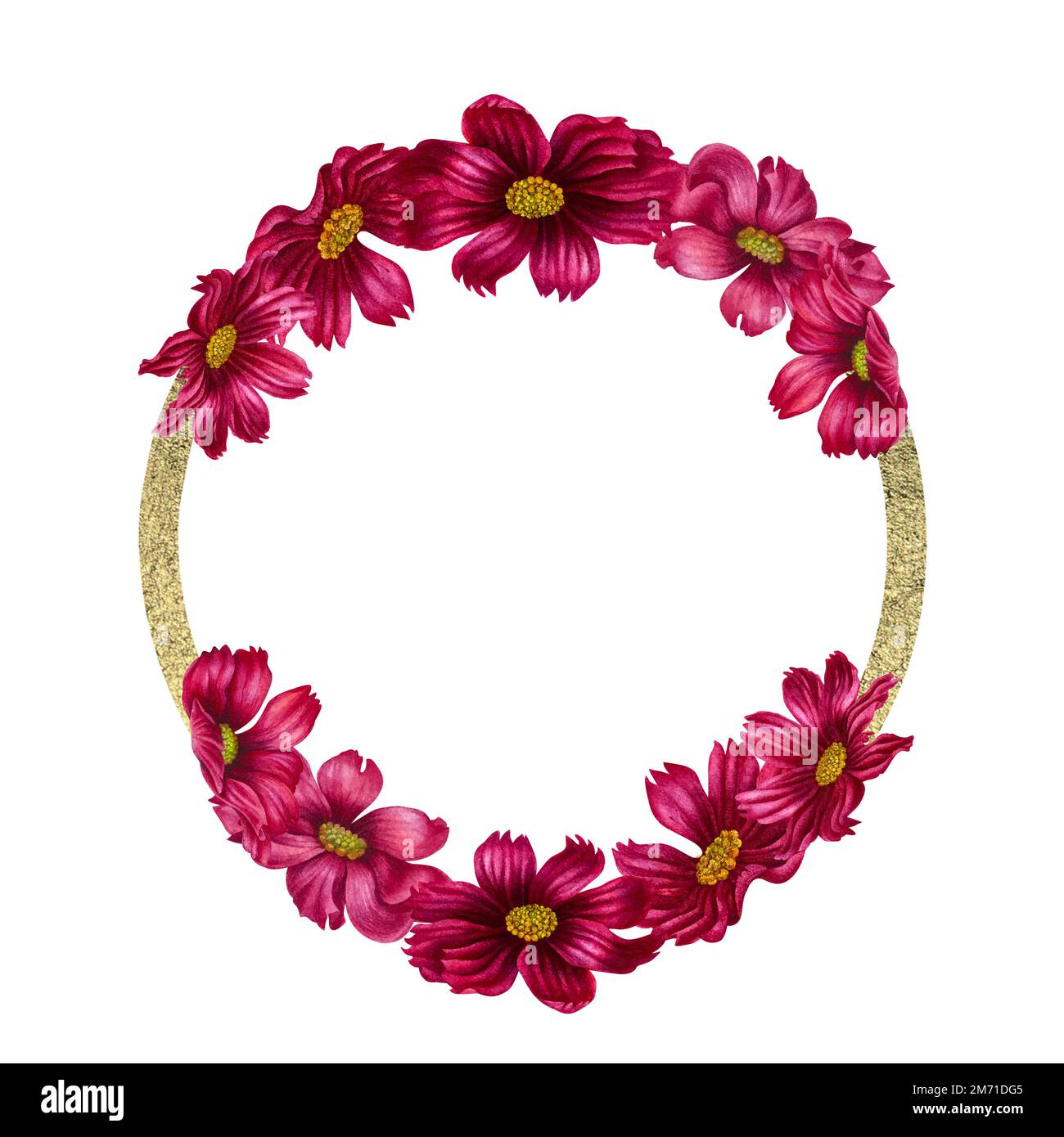 Watercolor hand drawn cosmea flower and gold frame in trendy color viva ...