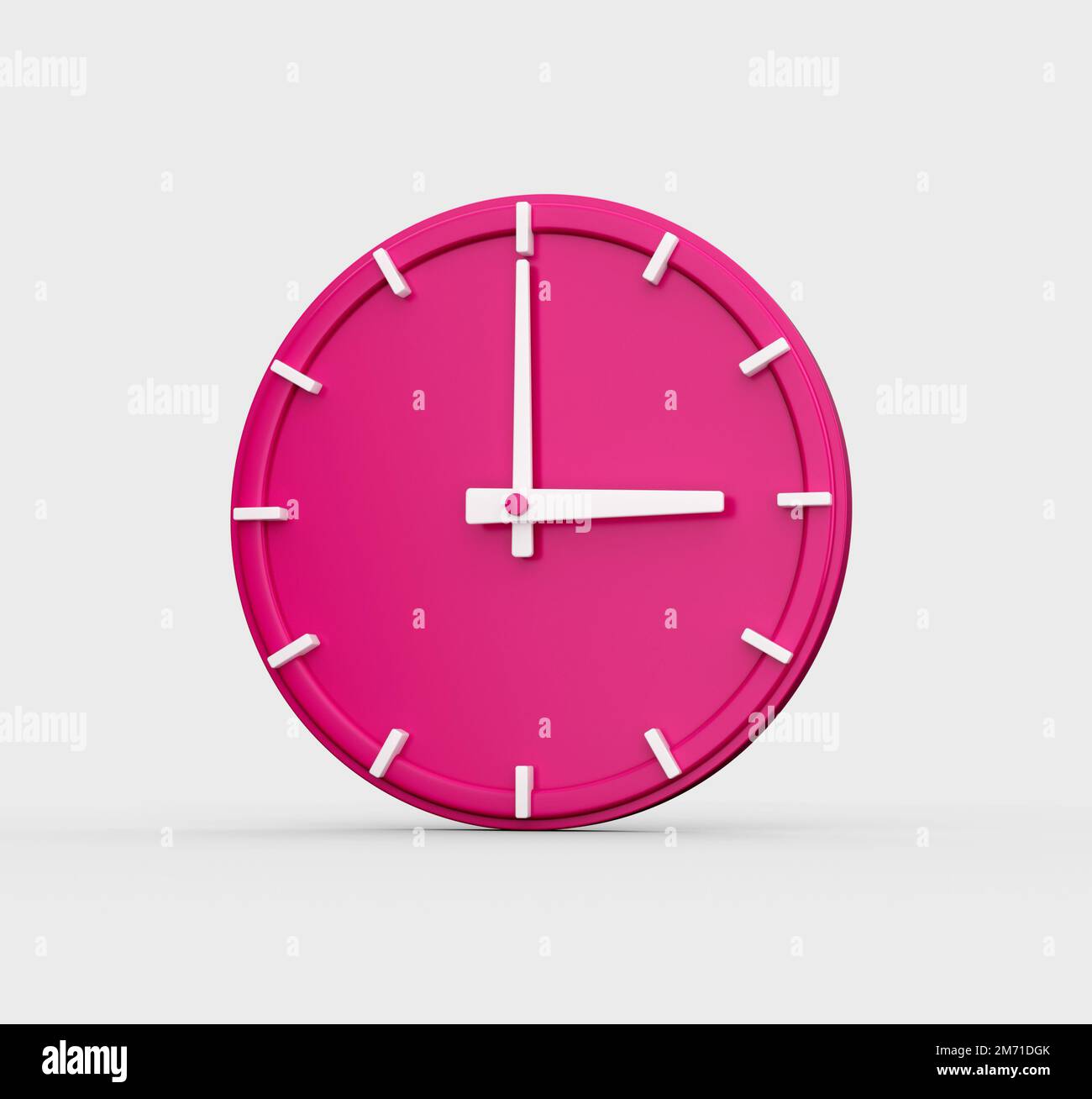 A 3D render of a pink wall clock showing the time 3 o'clock isolated on ...