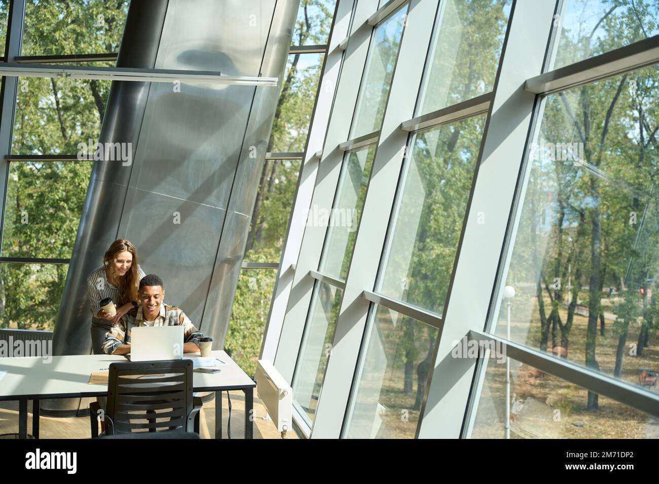 Young man and woman looking at laptop screen while working together ...