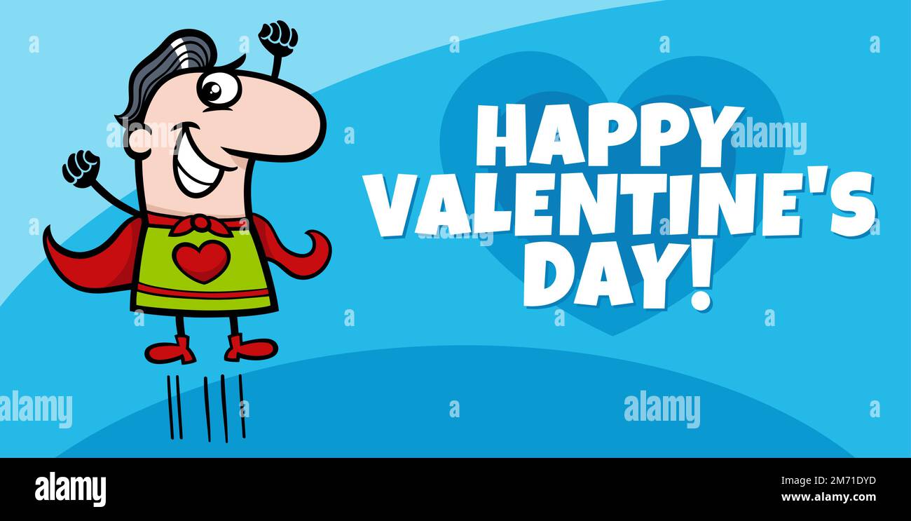 Valentines Day greeting card design with cartoon superhero character ...