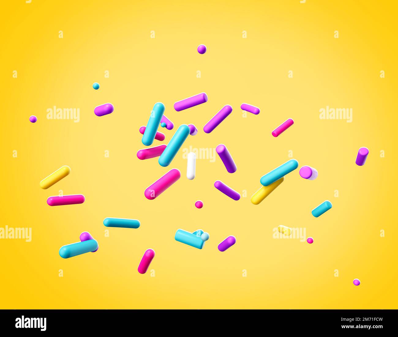 A 3D render of colorful sugar sprinkles on a yellow background Stock ...