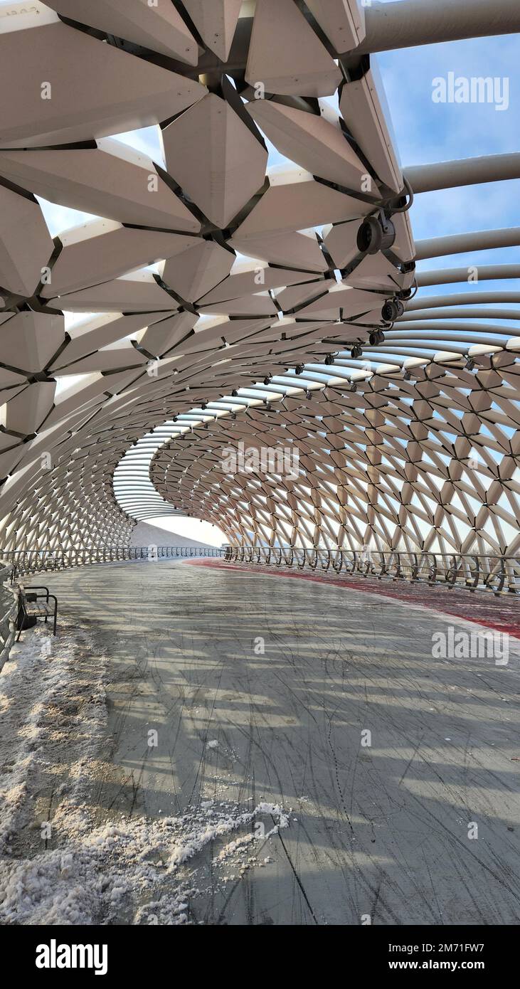 Modern architectural urbanistic Atyrau fish bridge across Ishim river ...