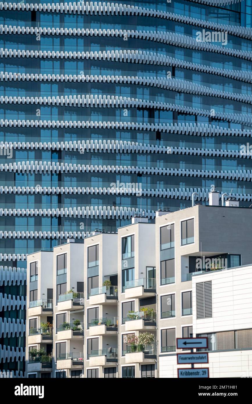 Facade of Rhein-740, 19-storey high-rise residential building, directly ...
