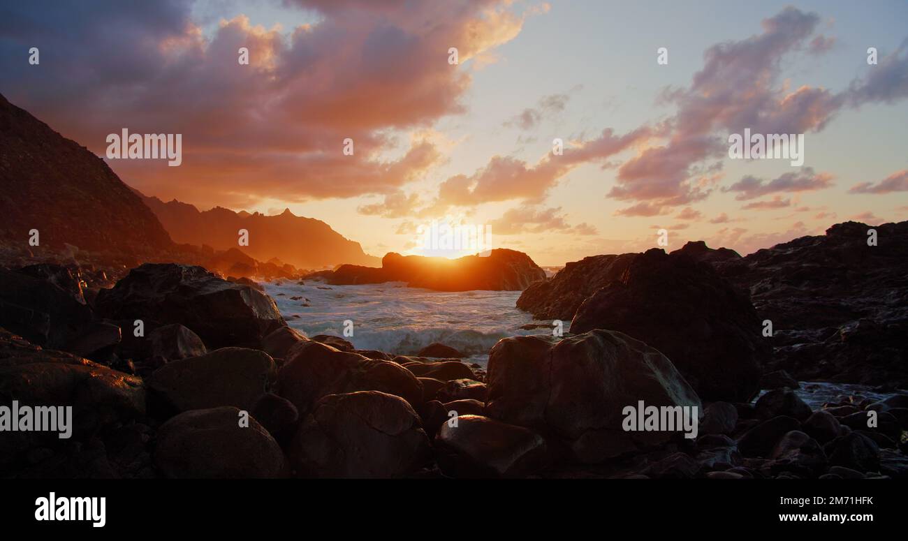 Atlantic Ocean rocky beach at sunset. Water landscape. Sea waves ...