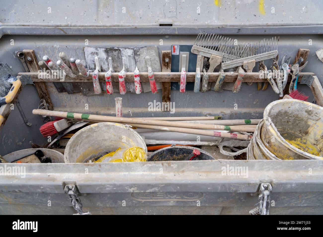 Toolbox of craftsmen, plasterers, bricklayers, drywallers, on a ...
