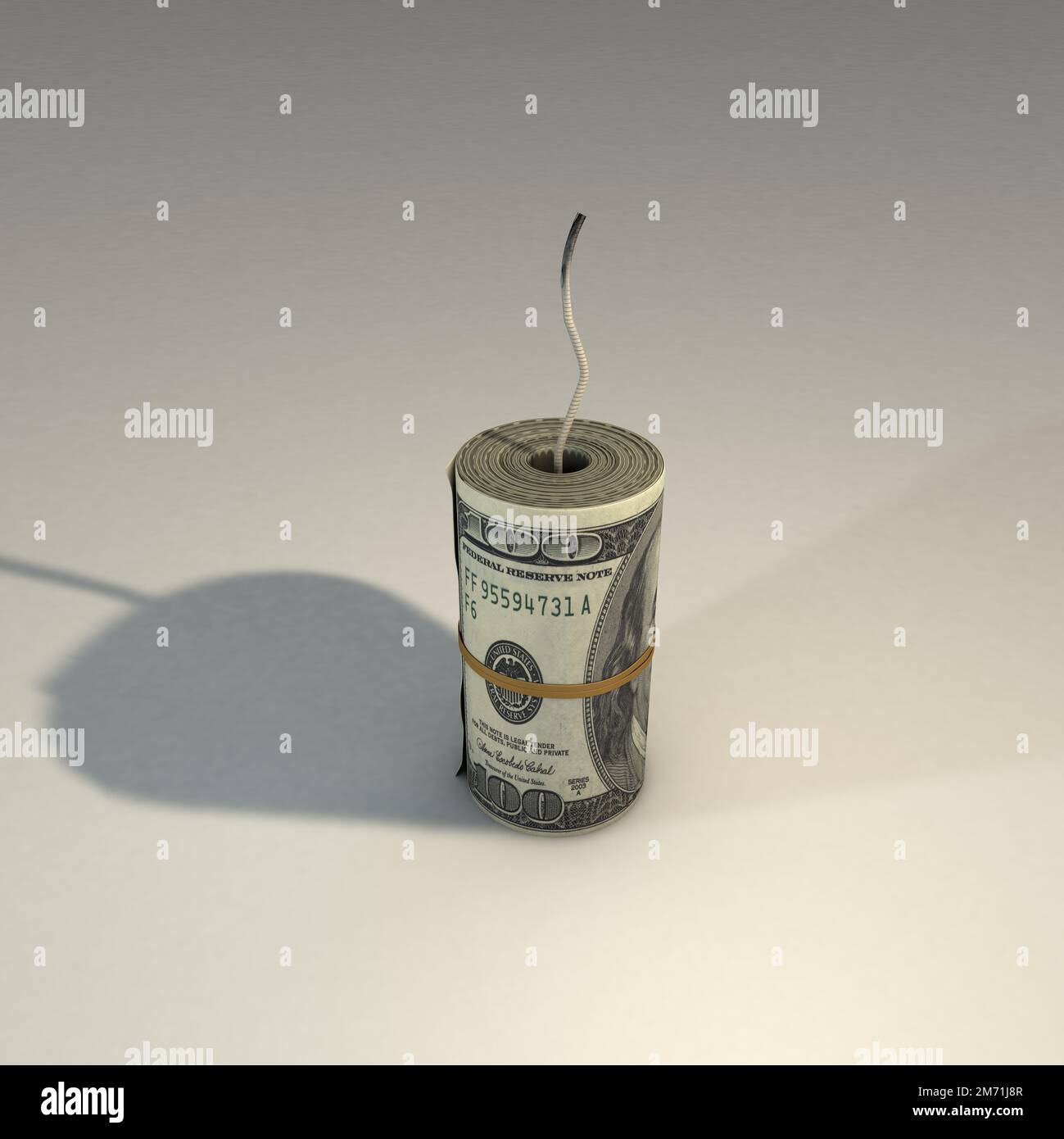 A 3D rendering illustration of 100 dollar banknotes rolled up with a ...