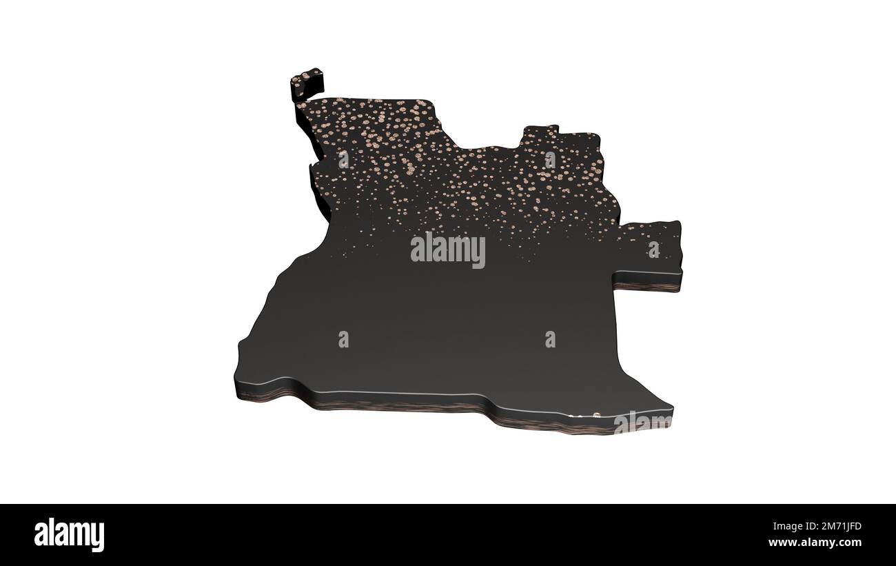 A 3D rendering of a luxurious black Angola map isolated on a white ...