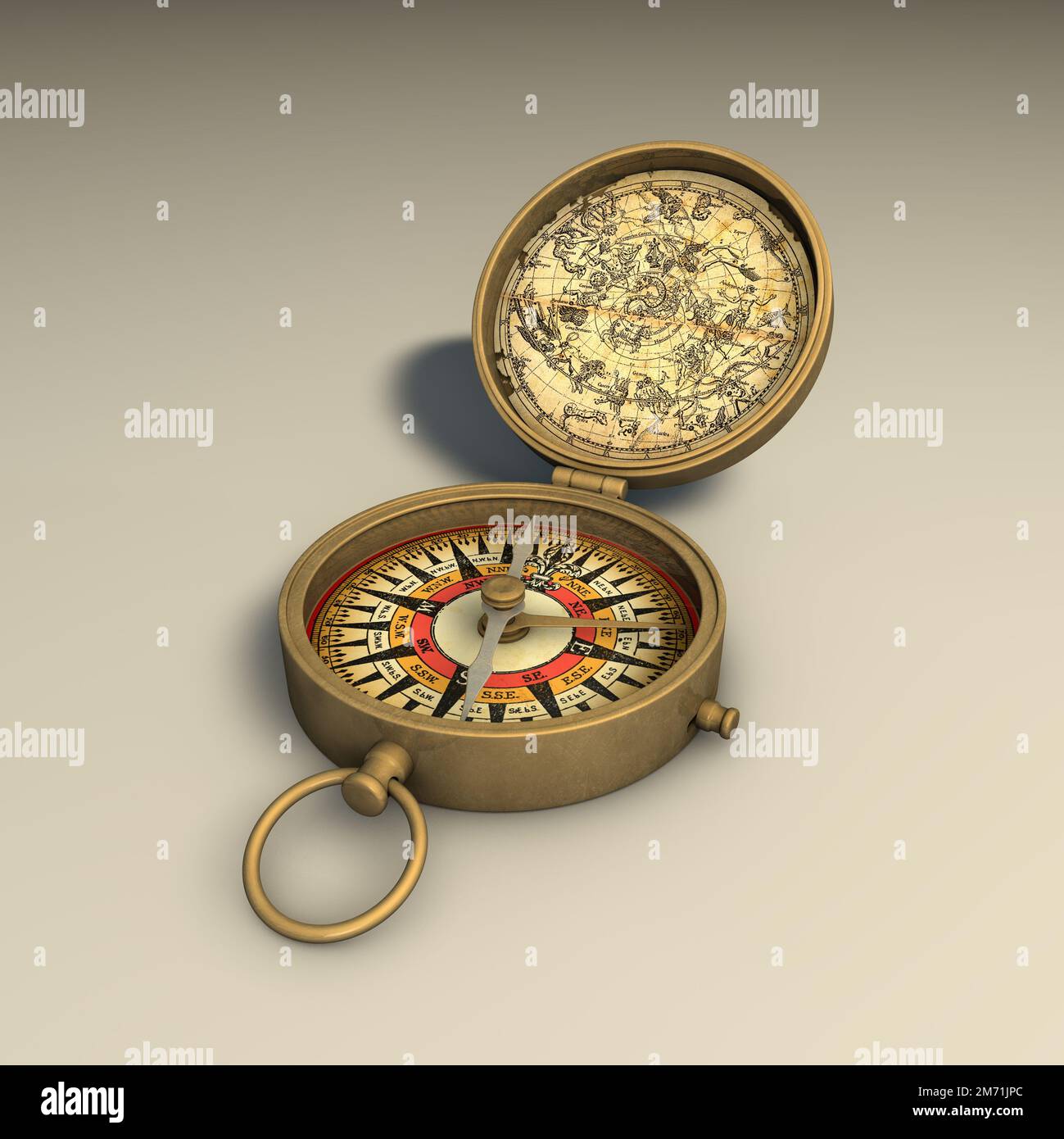 A 3D rendering illustration of an old compass, isolated on a gray ...