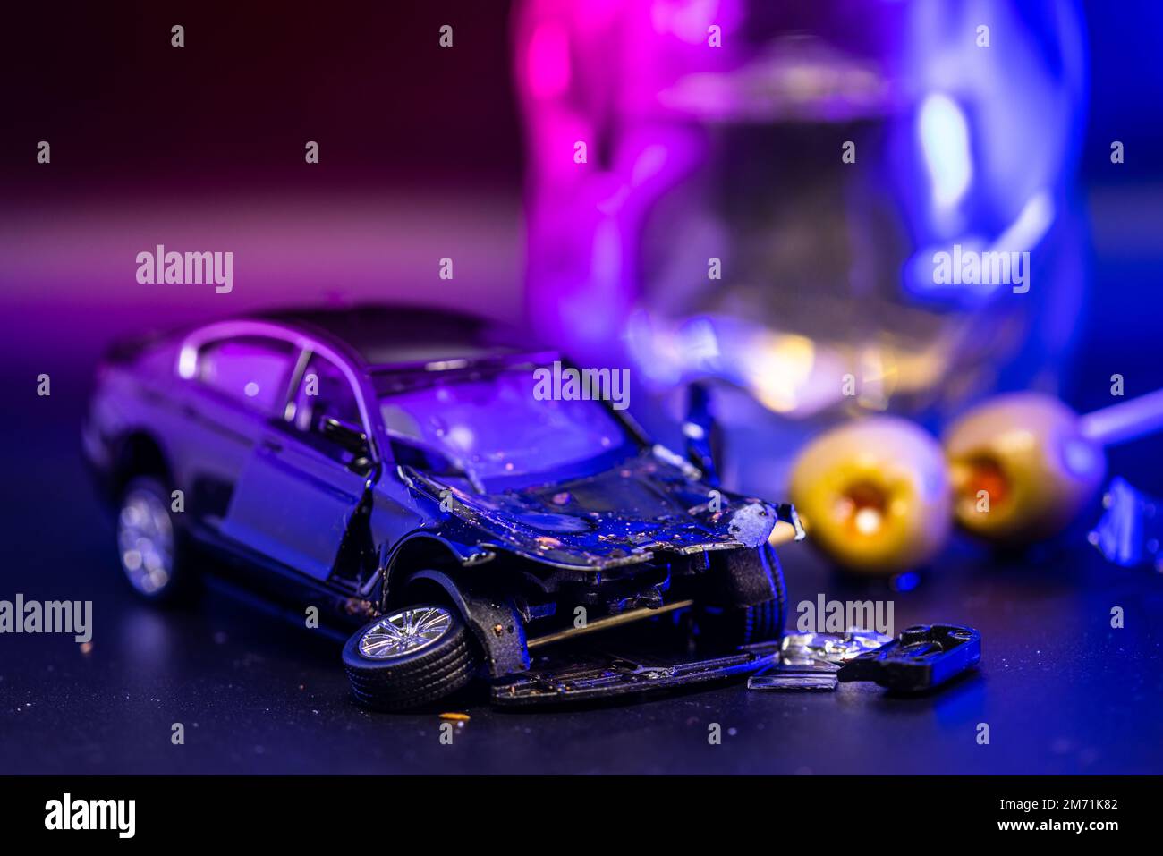 concept image created with a toy car smashed and placed with a drink ...