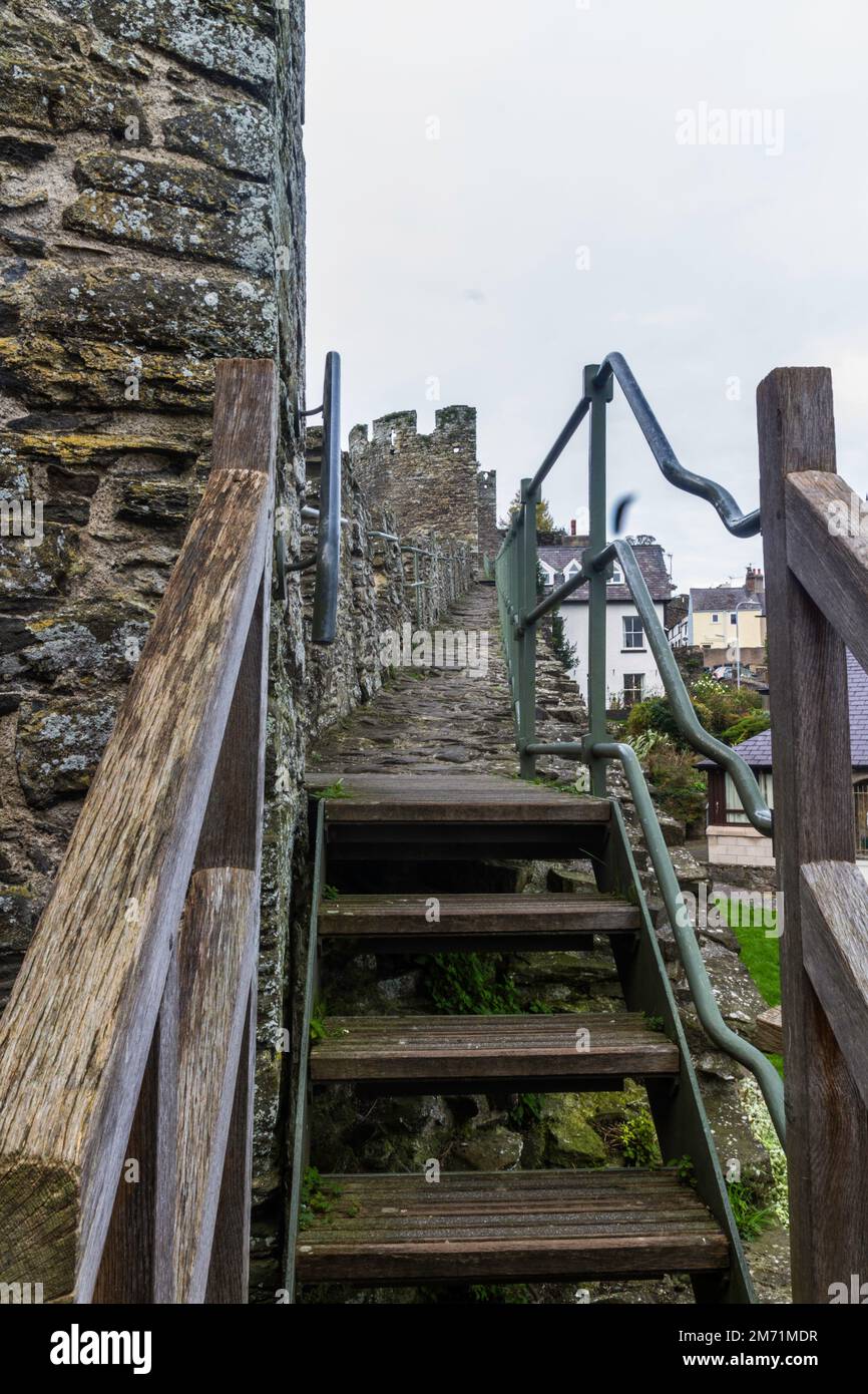 Conwy Town Walls, steps on the tops of walls. Part of the UNESCO World ...