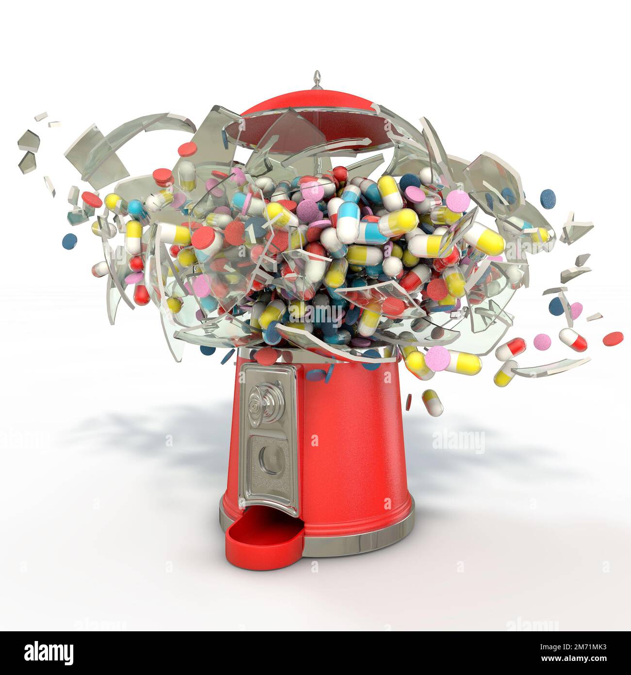 A 3D rendering illustration of a red gumball machine, full of pills ...