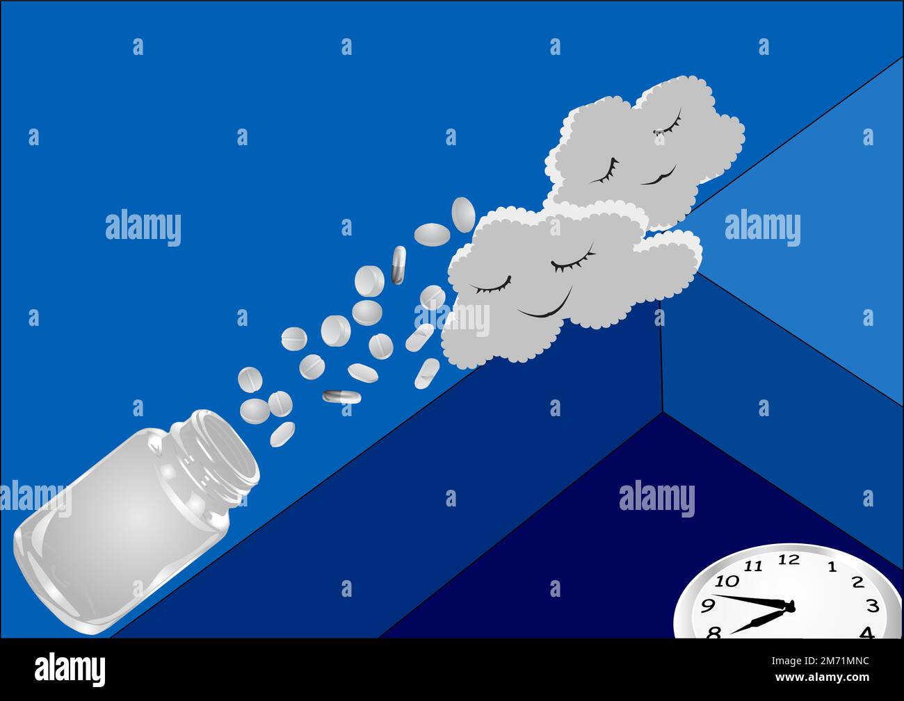 Insomnia concept vector illustration with clock and tablets Stock ...
