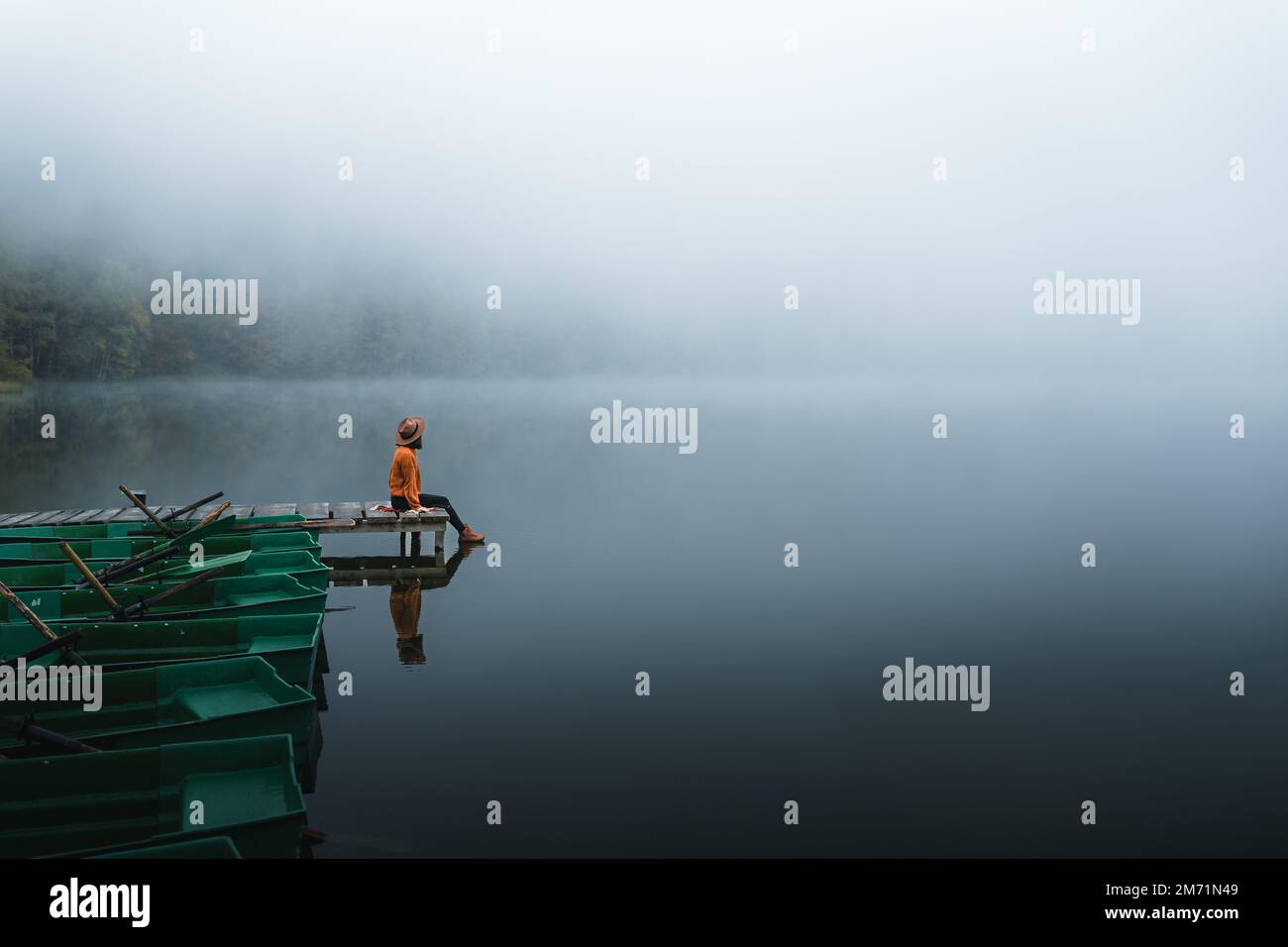 Side view of fashioned young woman sitting on wooden jetty Stock Photo ...
