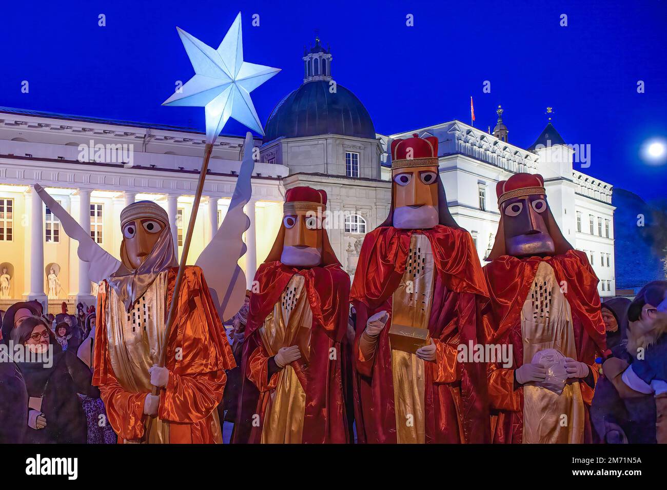 Actors dressed as the Three Kings and angel with the star of Bethlehem ...