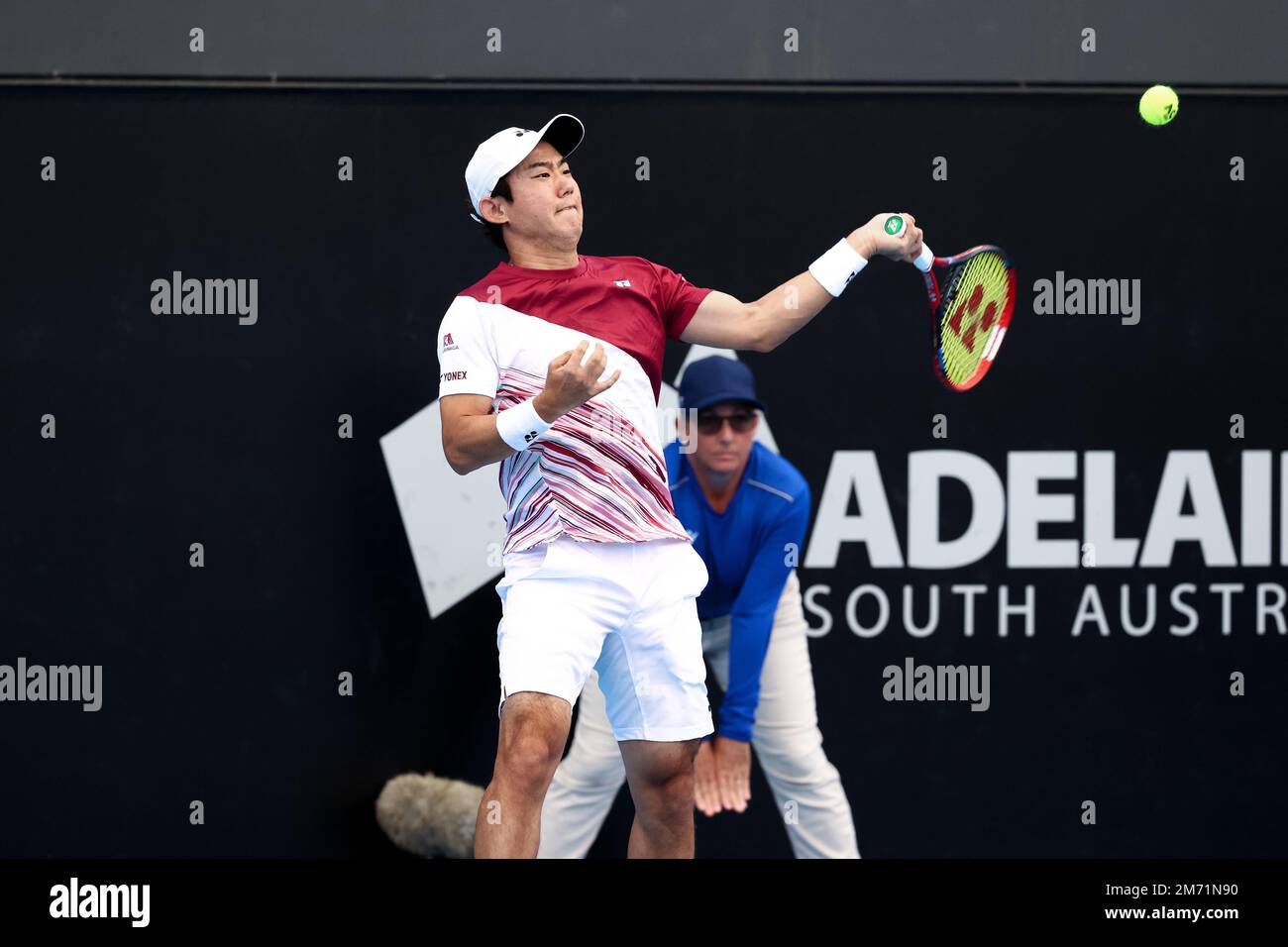 Adelaide, Australia, 6 January, 2023. Yoshihito Nishioka of Japan plays a forehand during the ...