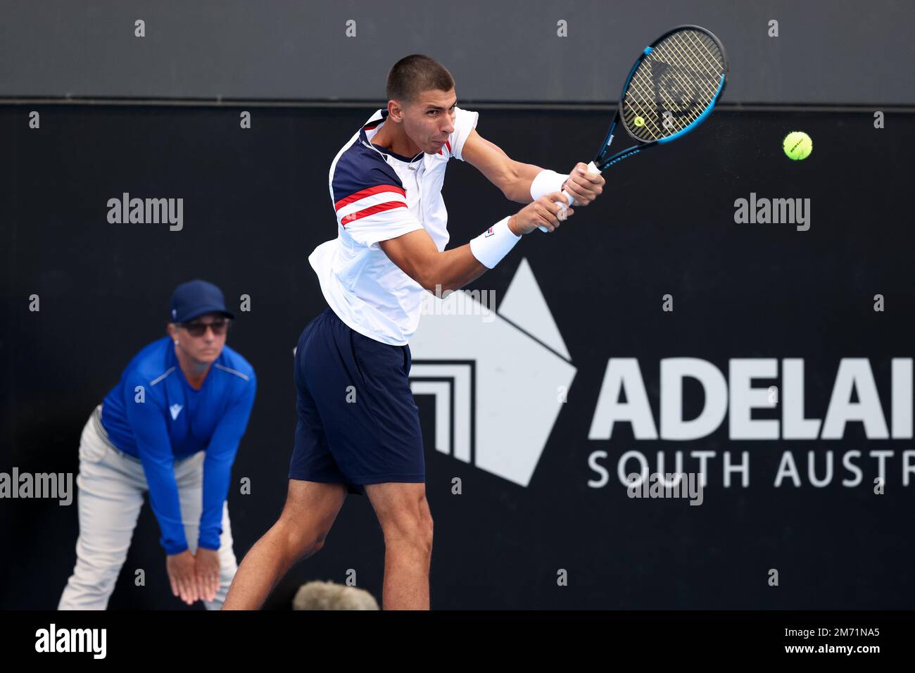 Adelaide, Australia, 6 January, 2023. Alexei Popyrin of Australia hits a backhand during the ...