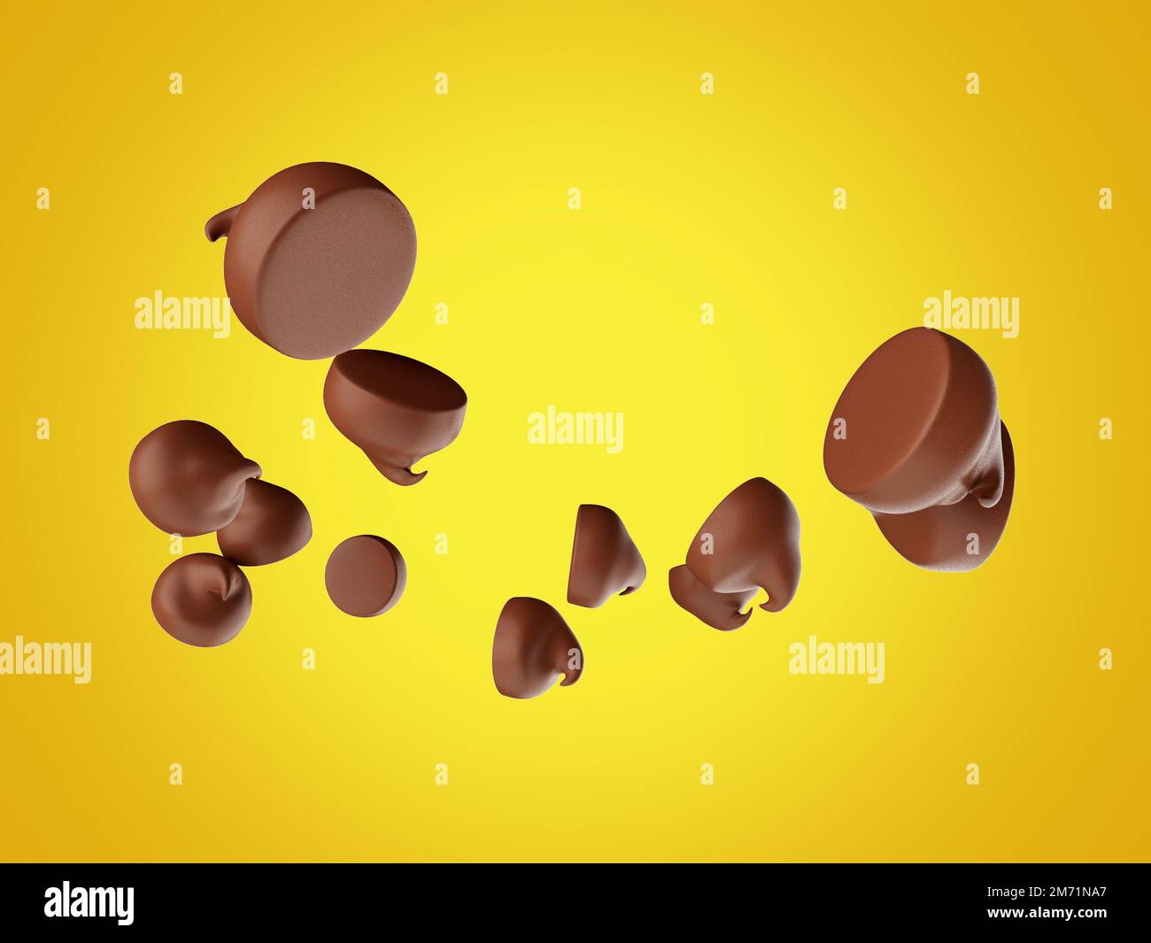 A 3D render of floating chocolate chips or morsel drops isolated on a ...