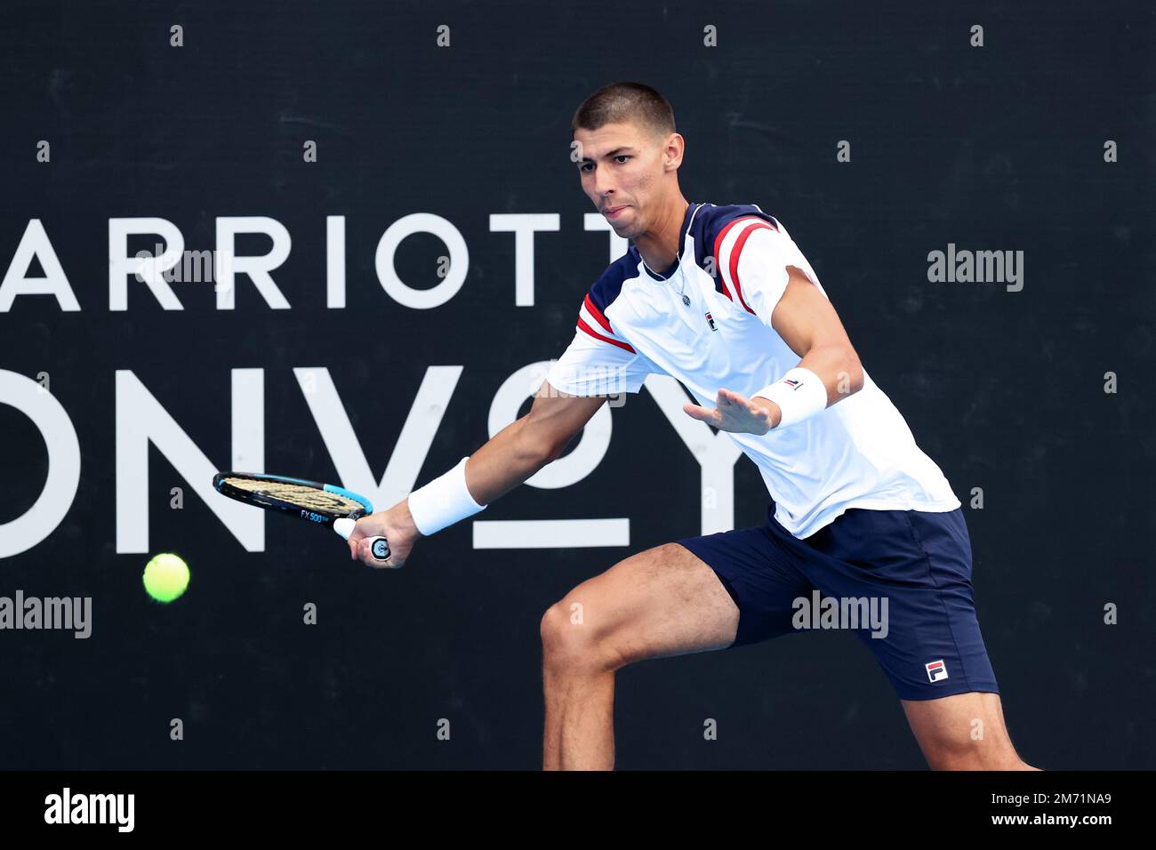 Adelaide, Australia, 6 January, 2023. Alexei Popyrin of Australia plays a forehand during the ...