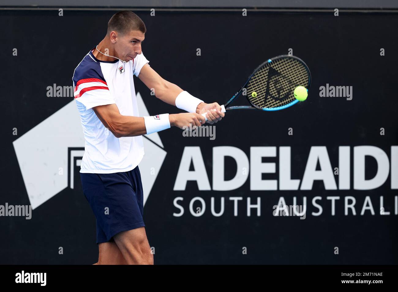 Adelaide, Australia, 6 January, 2023. Alexei Popyrin of Australia hits a backhand during the ...