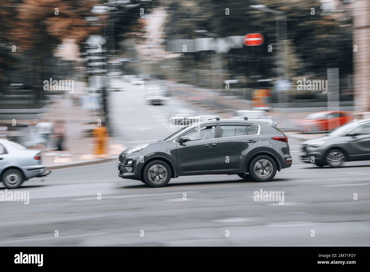 Ukraine, Kyiv - 2 August 2021: Black KIA Sportage car moving on the ...
