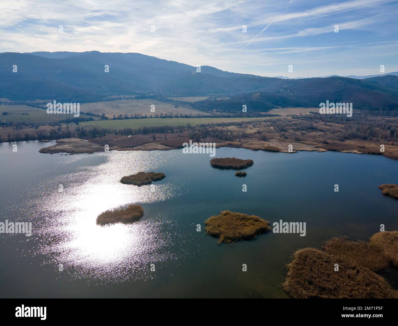 Aerial Autumn view of Choklyovo swamp at Konyavska Mountain, Kyustendil ...