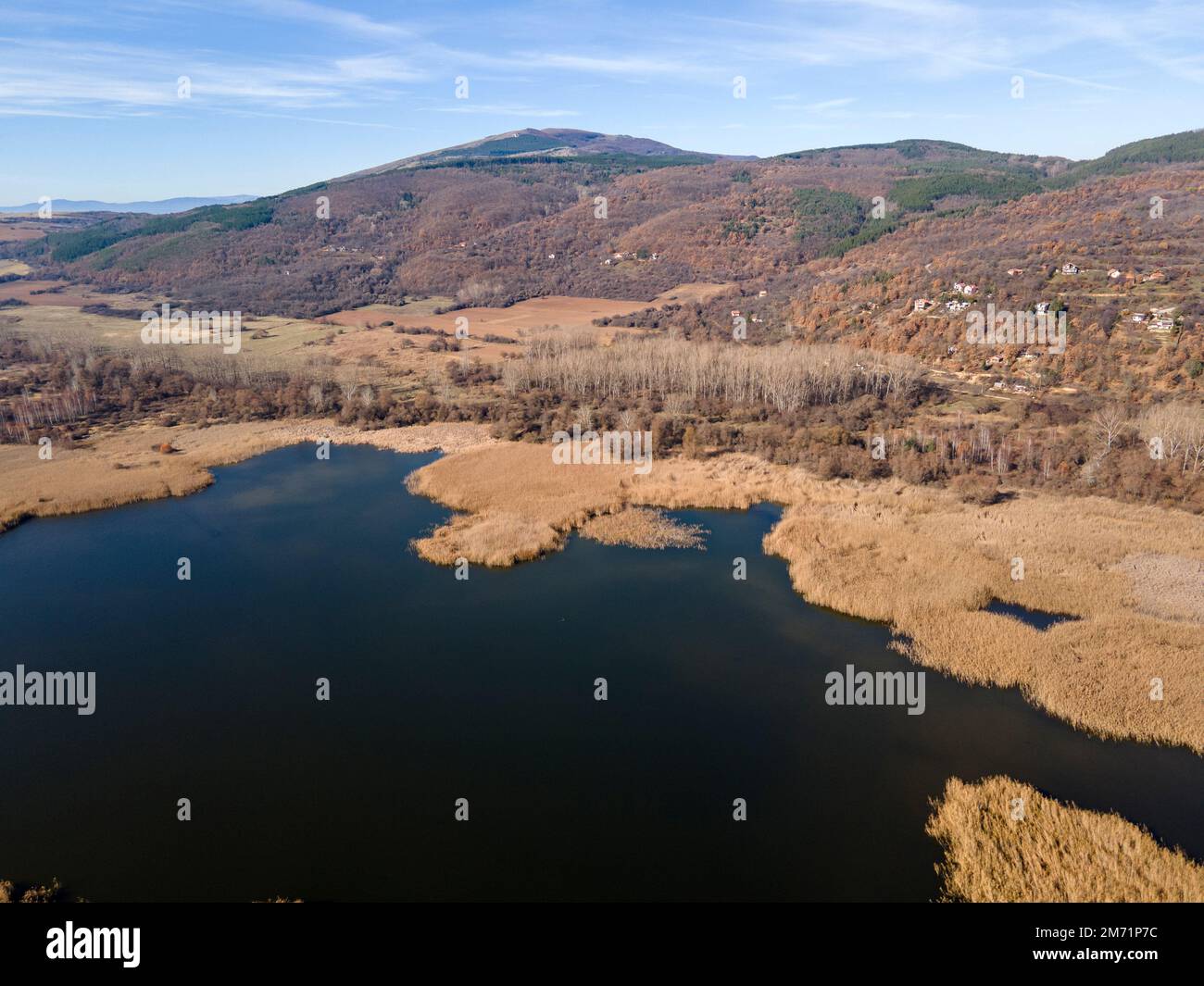 Aerial Autumn view of Choklyovo swamp at Konyavska Mountain, Kyustendil ...