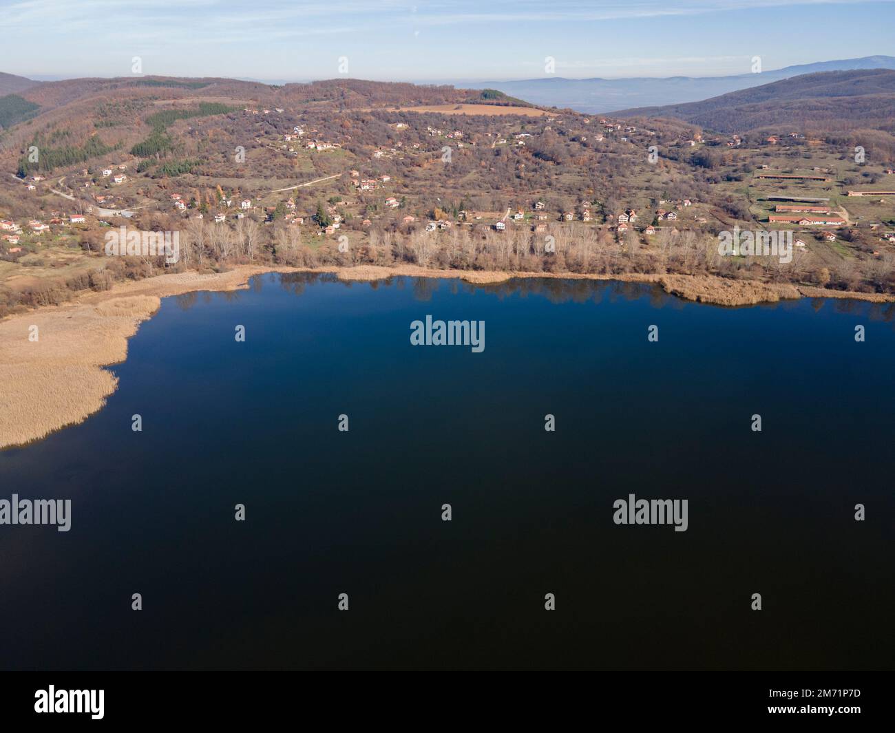 Aerial Autumn view of Choklyovo swamp at Konyavska Mountain, Kyustendil ...