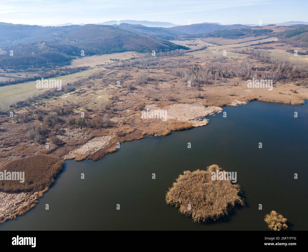 Aerial Autumn view of Choklyovo swamp at Konyavska Mountain, Kyustendil ...