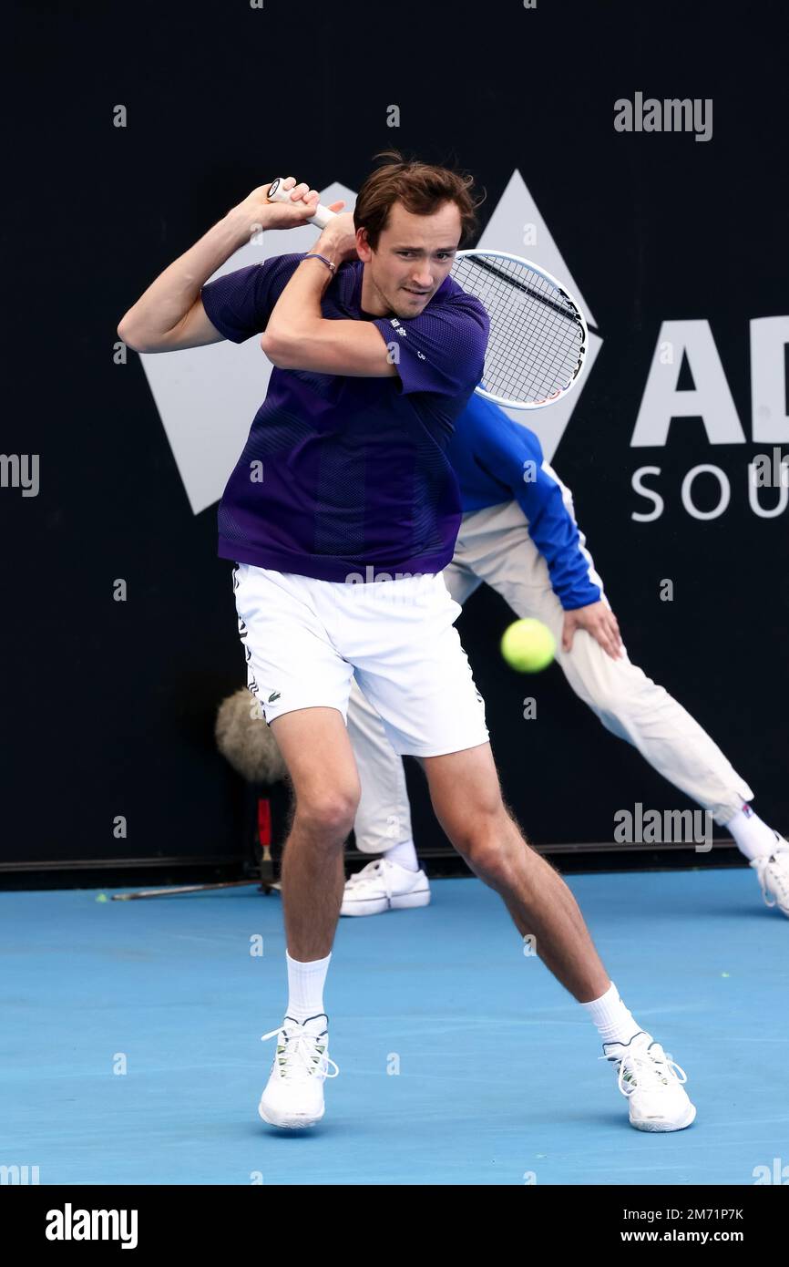 Adelaide, Australia, 6 January, 2023. Daniil Medvedev hits a backhand ...