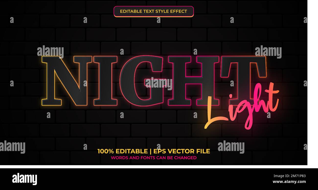 Editable neon light text effect. Night light glowing editable text ...