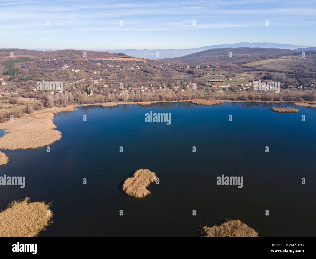 Aerial Autumn view of Choklyovo swamp at Konyavska Mountain, Kyustendil ...