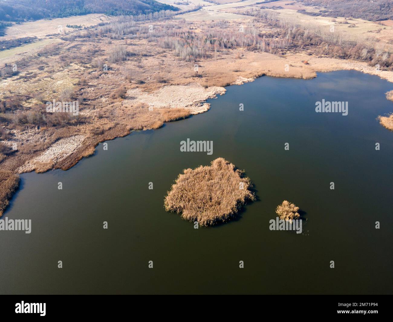 Aerial Autumn view of Choklyovo swamp at Konyavska Mountain, Kyustendil ...