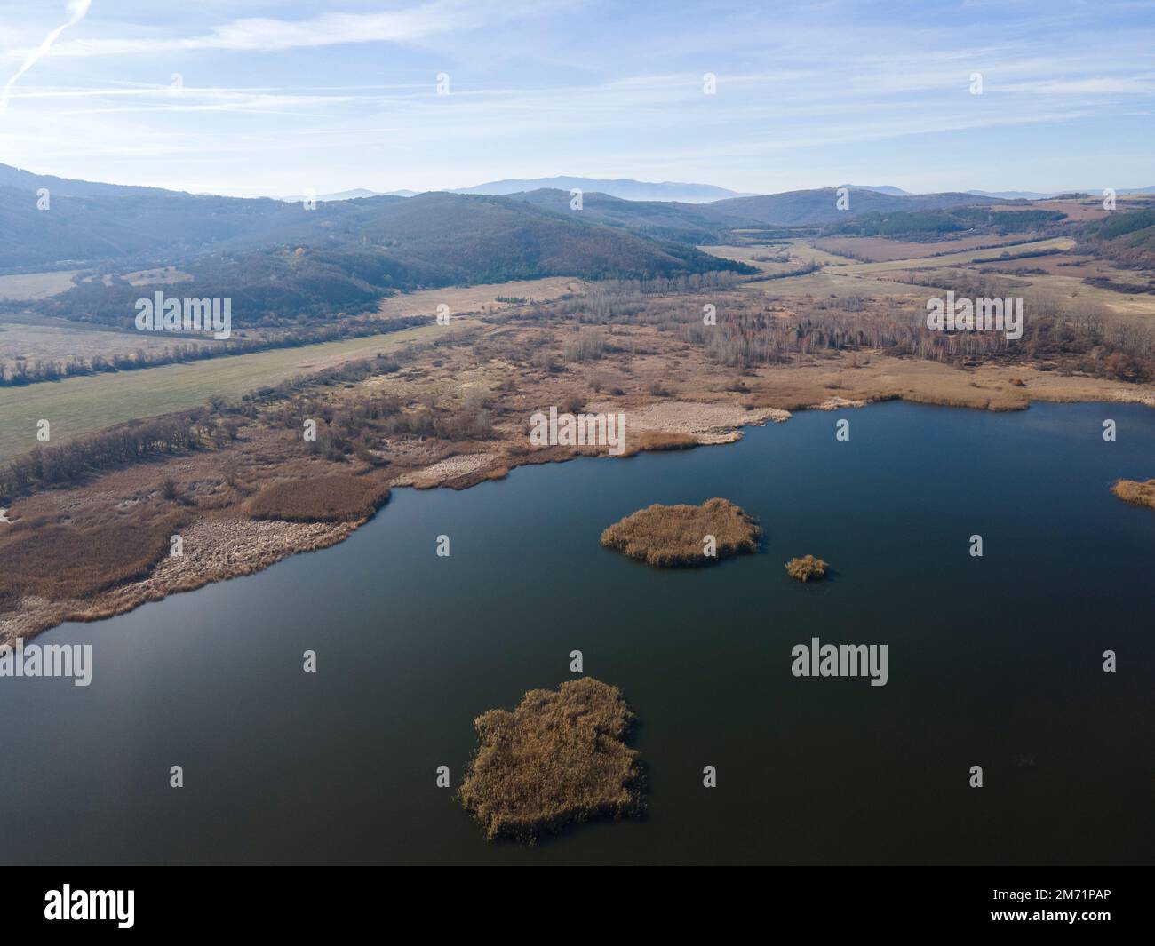 Aerial Autumn view of Choklyovo swamp at Konyavska Mountain, Kyustendil ...